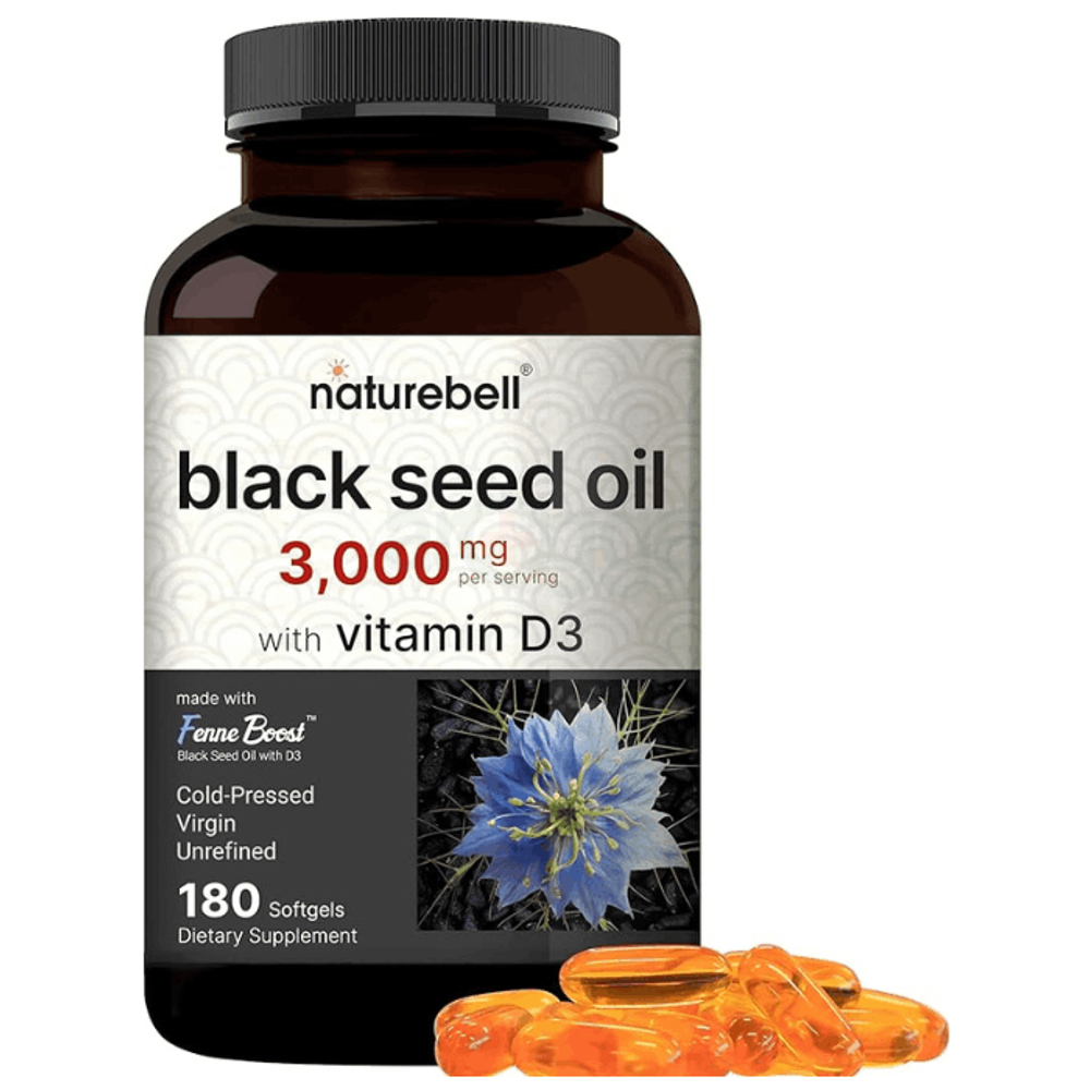 NatureBell Cold Pressed Black Seed Oil 3,000mg Per Serving with Vitamin D3 2,000IU, 180 Softgels ...