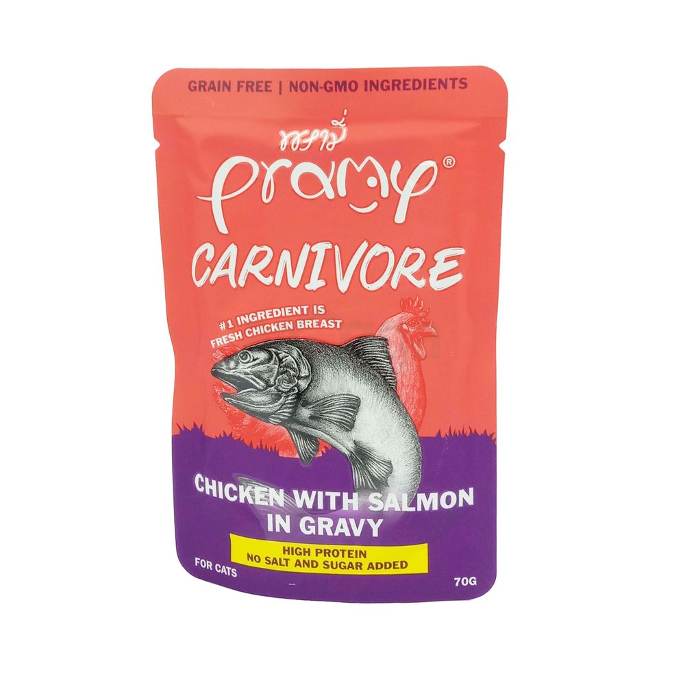 Pramy Carnivore Pouch Chicken with Salmon in Gravy for AllCats 70gm ...