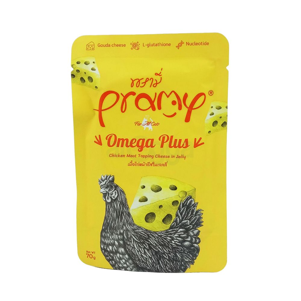 Pramy OMEGA PLUS Pouch Chicken Meat Topping Cheese in Jelly for All Cats 70gm - Arogga Online ...