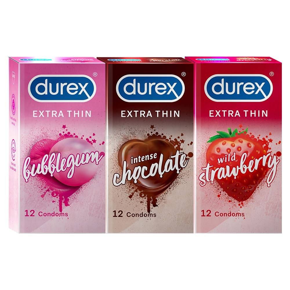 Durex Assorted Flavours Combo Pack of 3 = 36Pcs Condom - Durex Extra Thin (Bubblegum 12s ...