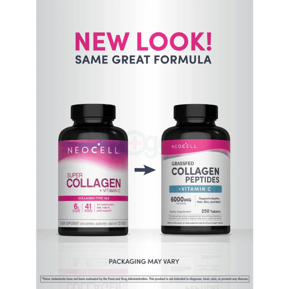 NEOCELL Grassfed Collagen Peptides + Vitamin C - 6000mg - 250 Tablets ...