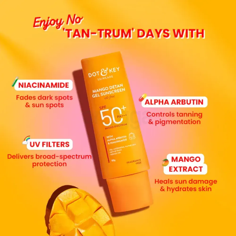 Dot & Key Mango Detan Gel Sunscreen SPF 50+ PA+++ with Alpha Arbutin ...