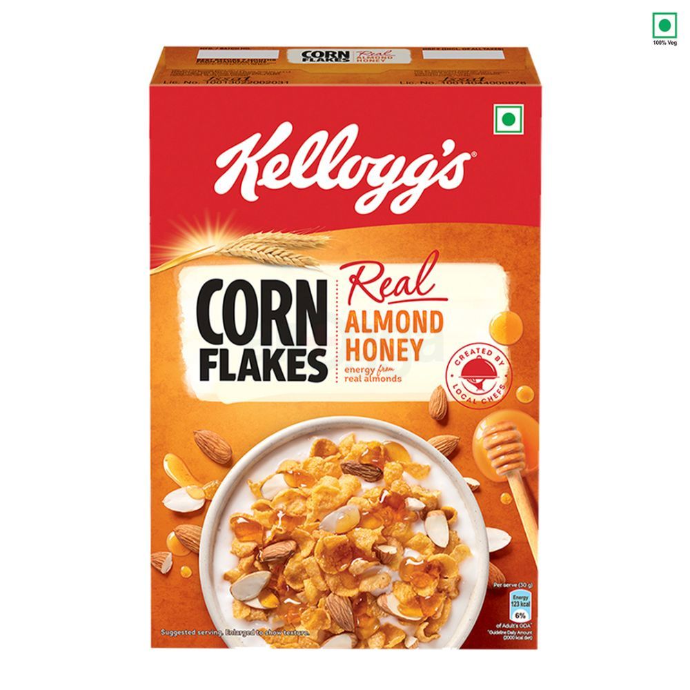 Kellogg's Corn Flakes Real Almond Honey Breakfast Cereal 15% Extra 300g ...